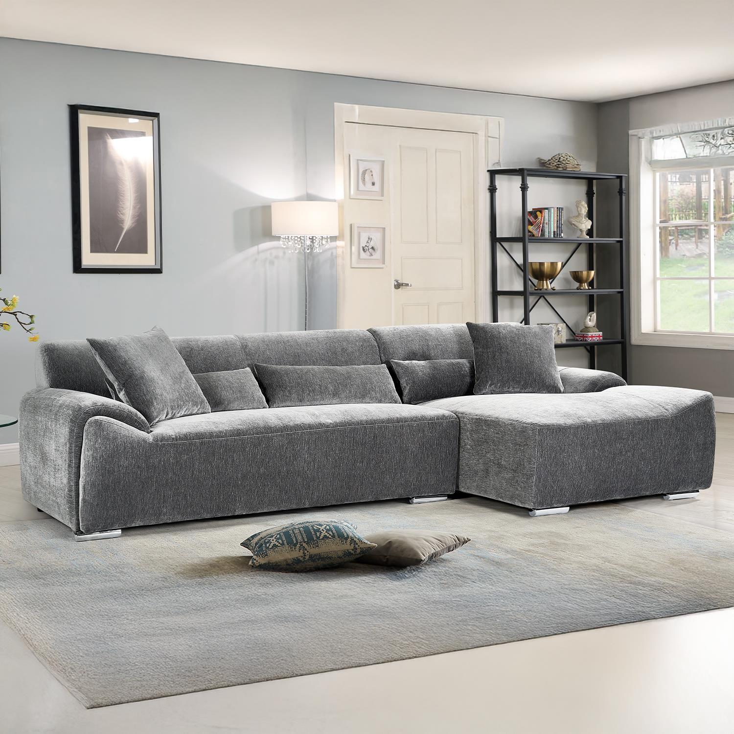 Monza L Shaped Chenille Fabric Beige Grey 4 Seater Corner Sofa RH ...